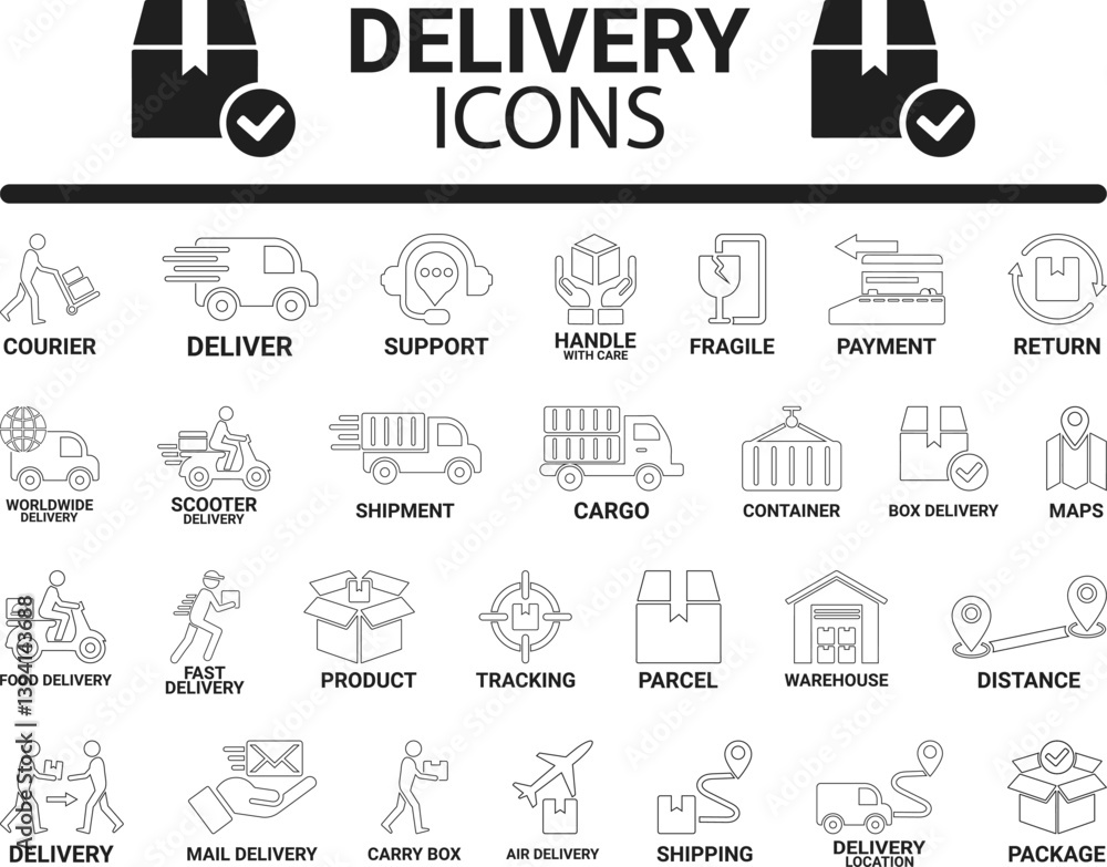 Delivery service Line art icon set. It contains order tracking, home delivery, warehouse, truck ...