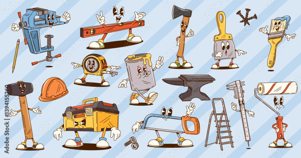 Groovy repair, construction and DIY tools characters of cartoon retro hammer, builder toolbox ...