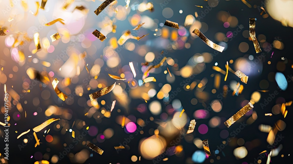 Golden gradient bokeh with floating confetti particles in cinematic ...
