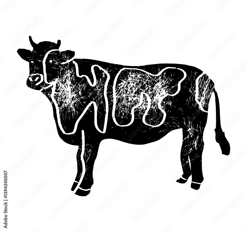 Cow, bull, beef. Vintage retro print, black white cow, bull, beef ...