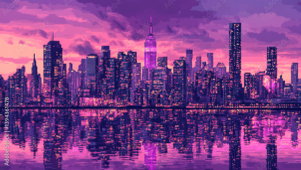 8 bit pixel art of New York City skyline at dusk, reflecting on water ...
