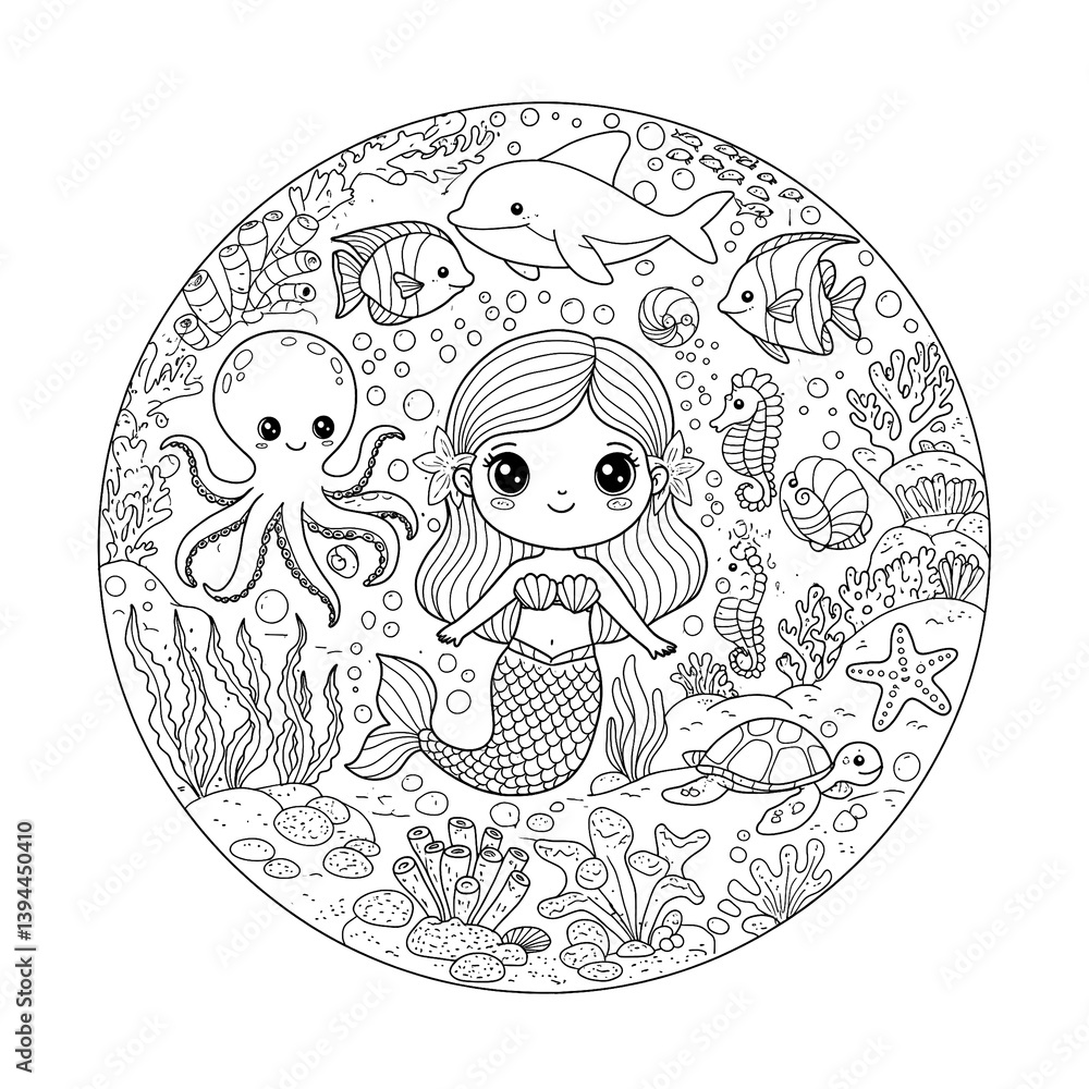 Cute mermaid and octopus underwater coloring page for kids with sea ...