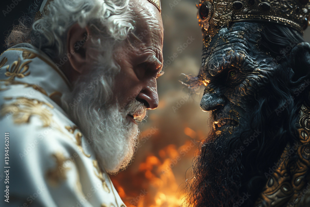 Catholic Christian bishop priest with the Devil Satan horned with wings ...