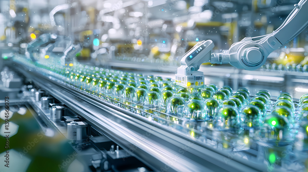 An advanced robotic arm operates on a production line, sorting and ...