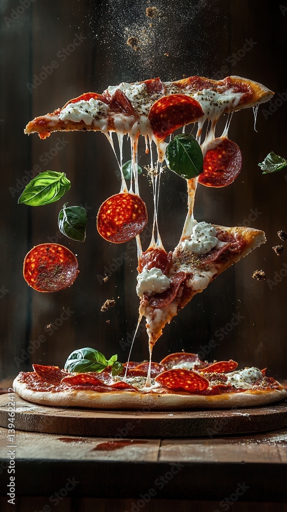 Photograph of an explosion of deconstructed Pepperoni pizza with ...