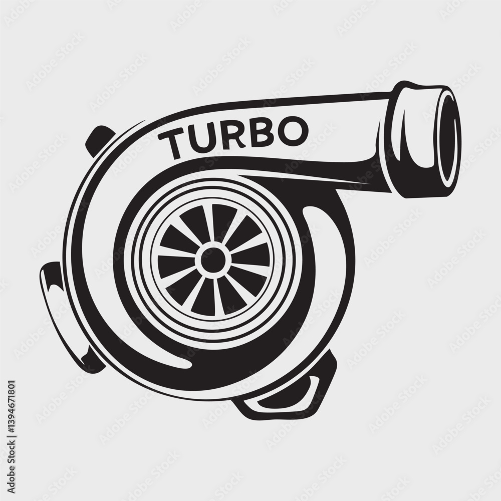 A black and white illustration of a turbocharger in a minimalist style ...