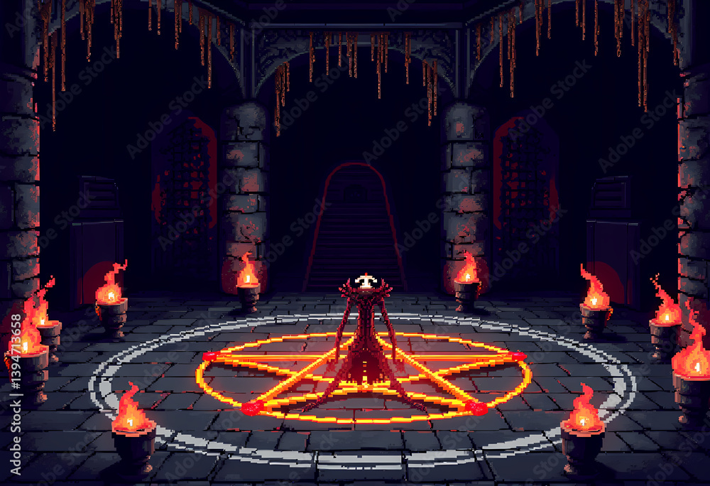 Pixel art depicts a mysterious figure standing within a glowing ...