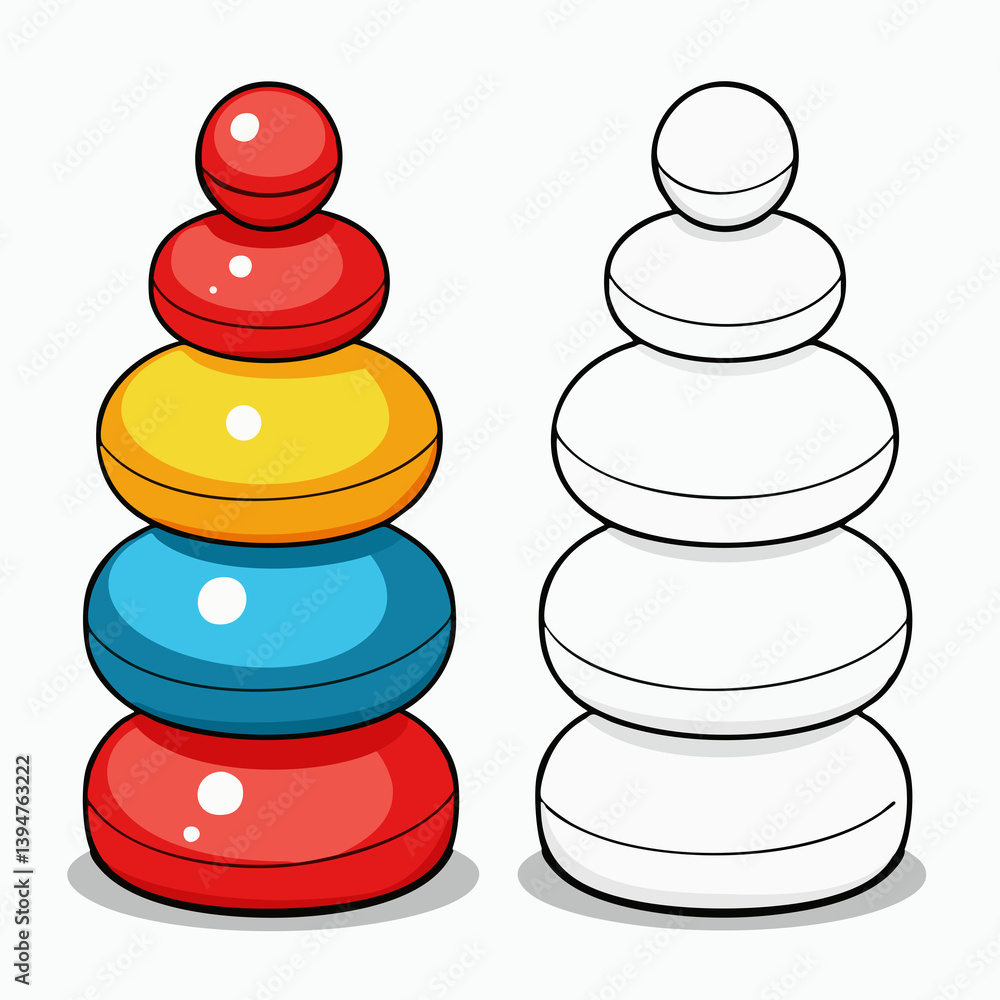 Coloring page featuring a classic wooden stacking rainbow toy tower ...