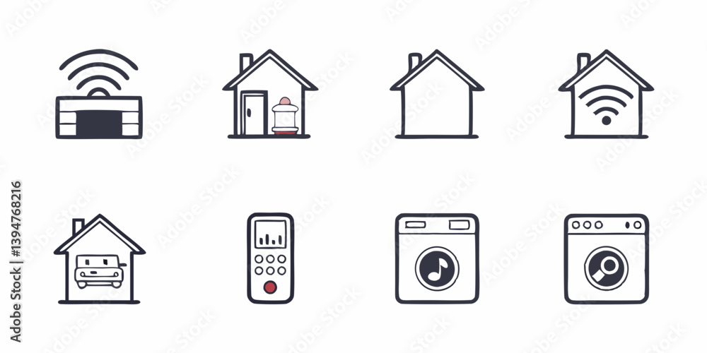 Smart Home Automation Icons: Garage Door, House, WiFi, Remote, Washer ...