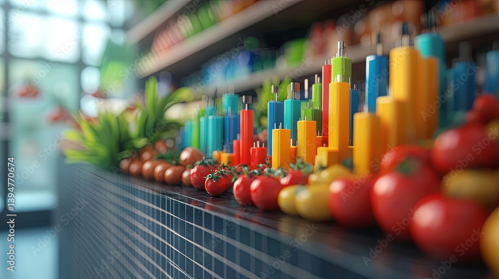 Food price inflation. Rising graph next to supermarket windows. Grocery ...