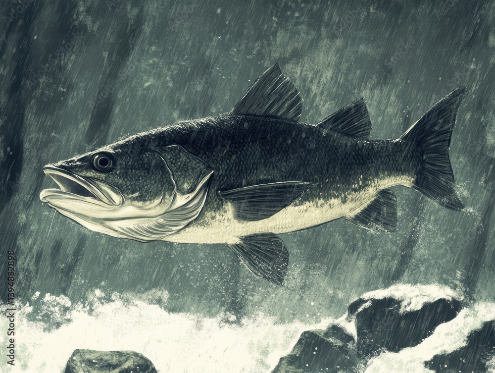 Dramatic fish illustration of largemouth bass jumping out of water with ...