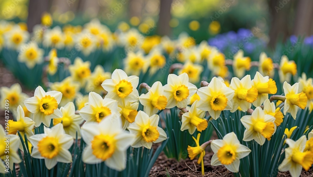 Zoomed-in image of a multitude of yellow daffodils in a flower border ...