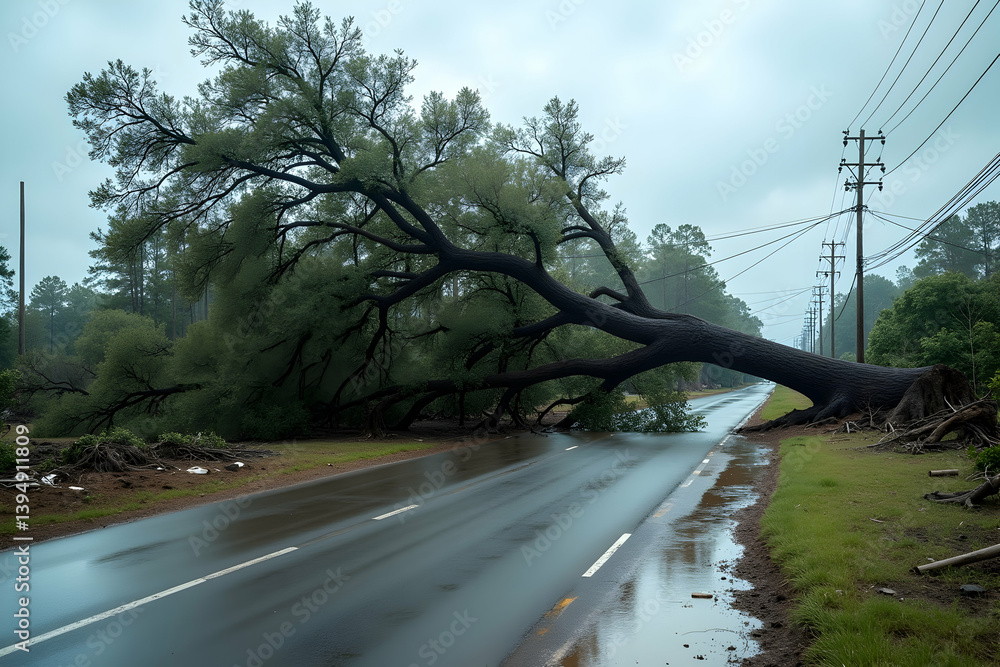 Aftermath of a Storm, Fallen Tree Blocking a Rain-Slicked Road with ...