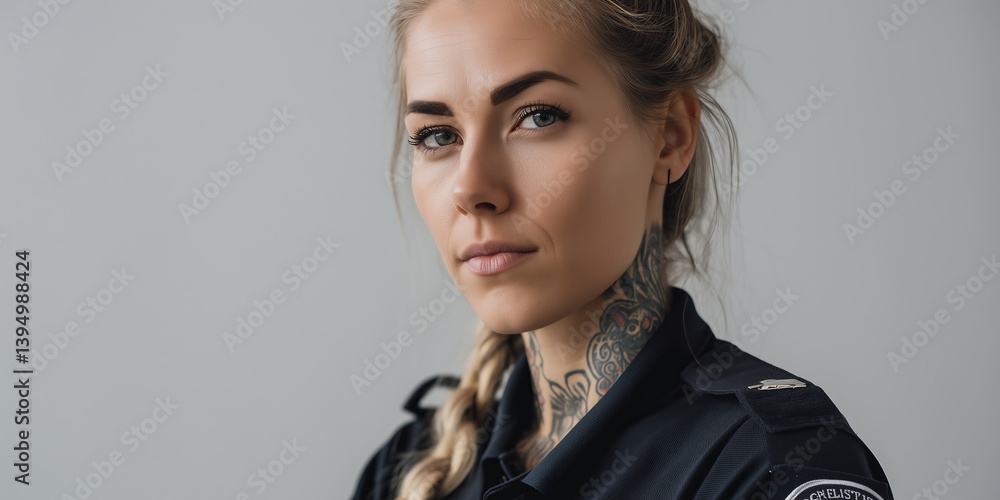 Confident female police officer with braided hair and tattoos poses ...
