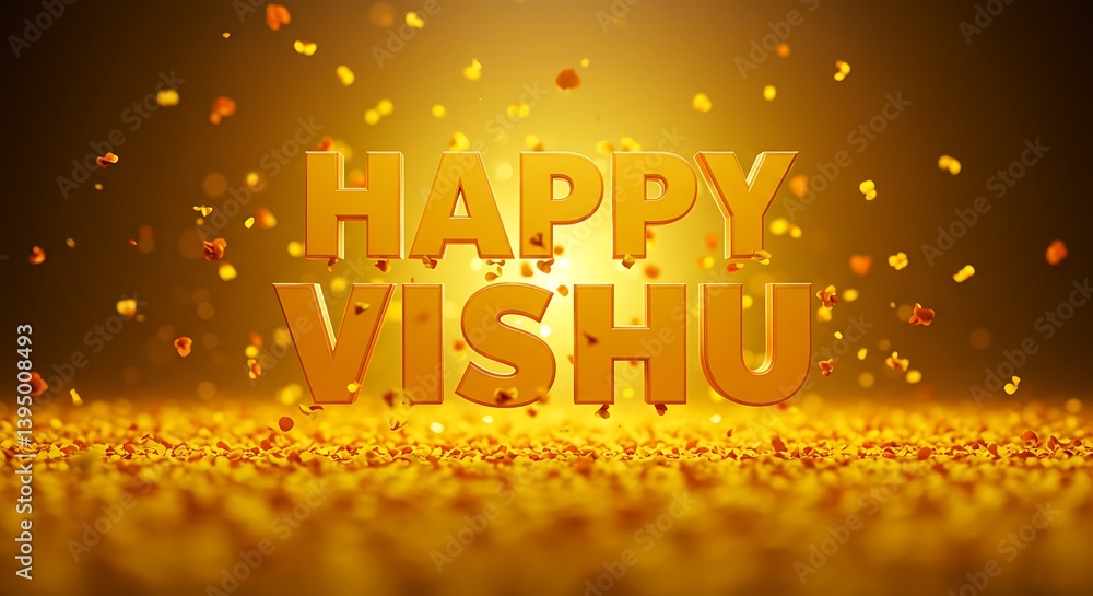 Glowing Golden Happy Vishu 3D Text Background with Falling Petals ...