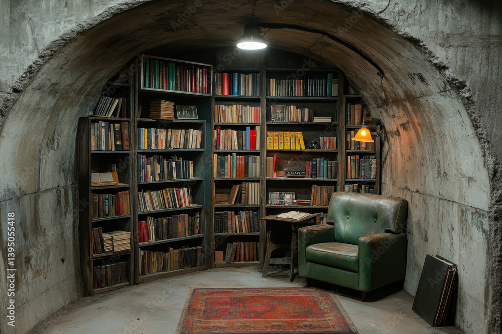 Underground bunker, Cozy underground bunker with a small library and ...