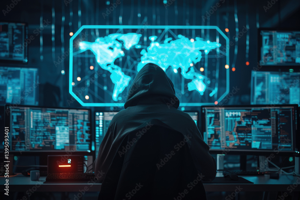 Capturing a hacker in a secretive aura, this photo shows a figure in a ...