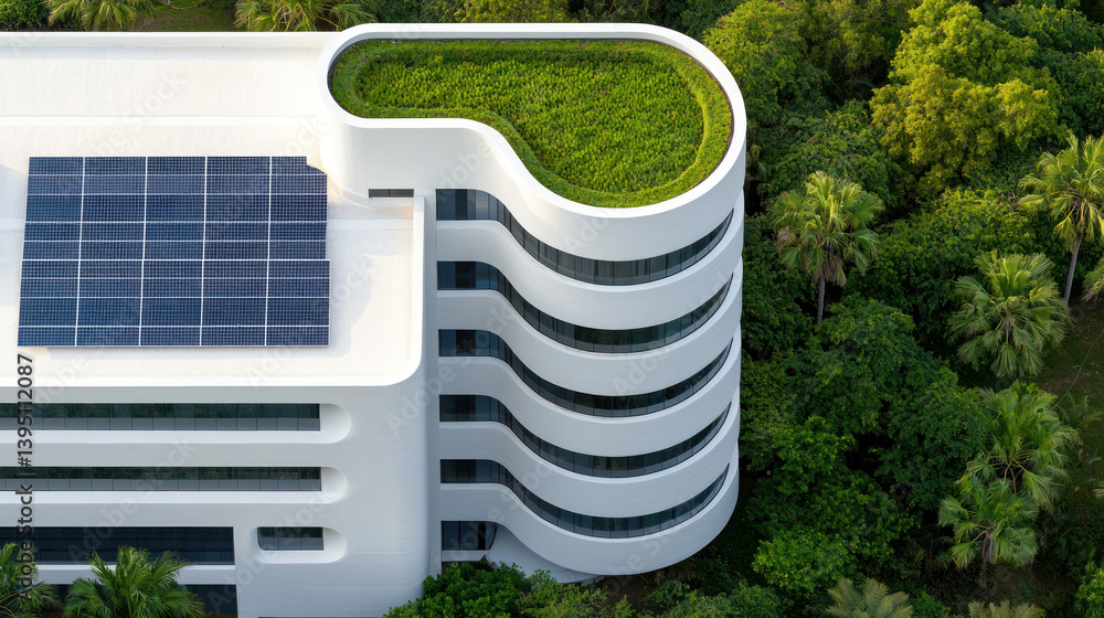modern hospital building featuring green rooftop and solar panels ...