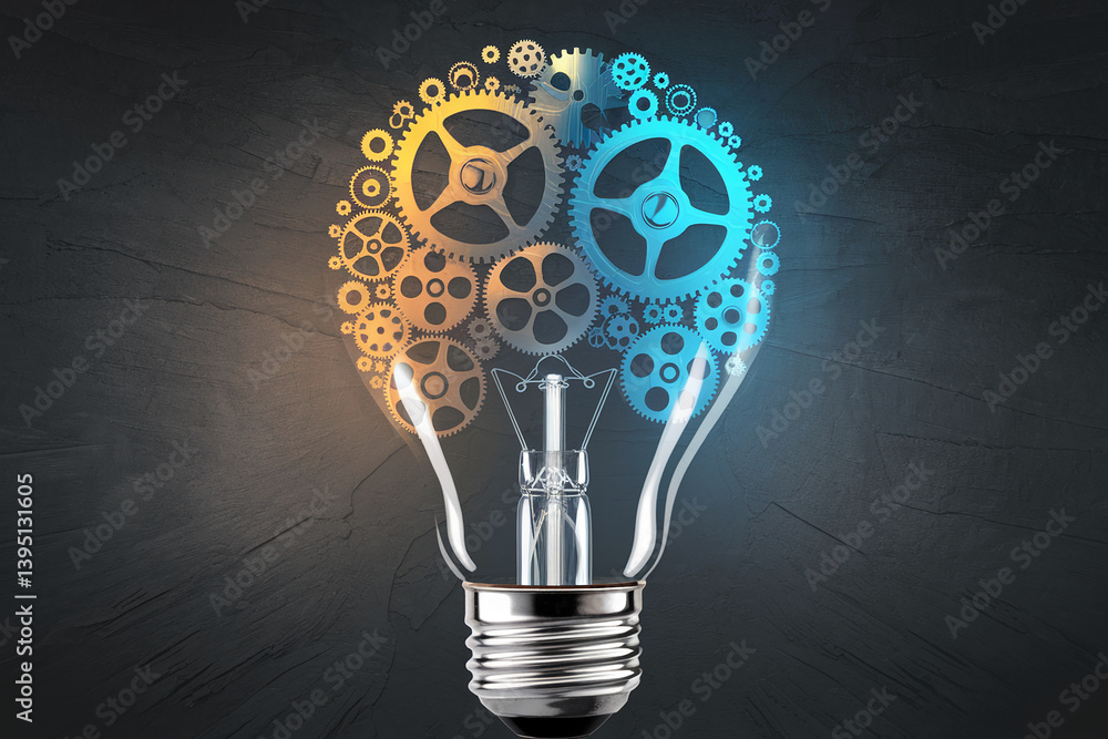 Lightbulb with gears inside, symbolizing innovation, mechanism, idea generation, solution ...