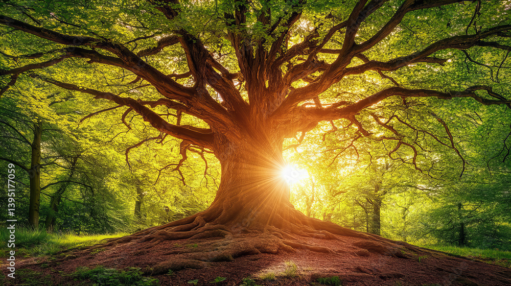 Sunlight through green tree canopy from below in lush forest, vibrant ...
