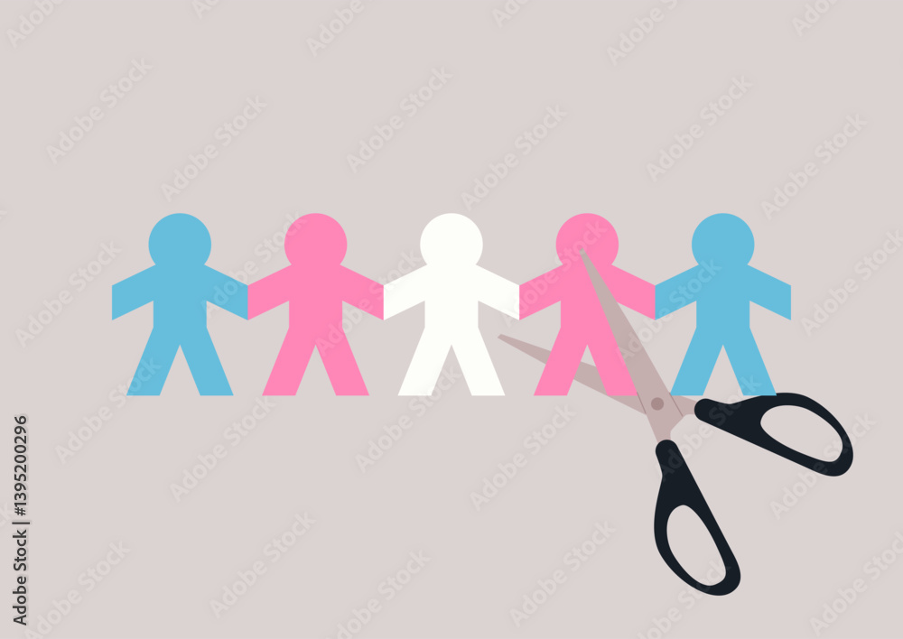 Paper doll chain linked together, each person representing distinct ...