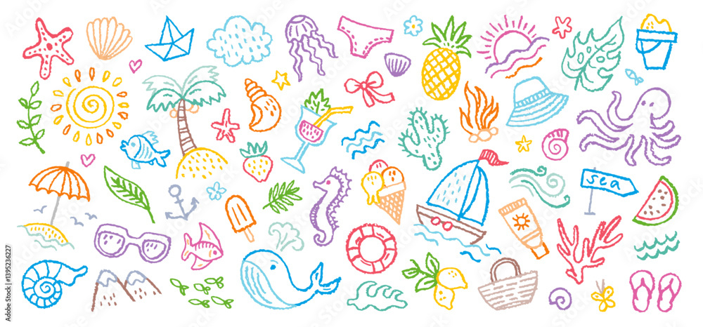 Kid summer beach crayon background. Doodle sea bg. Cute hand drawn ...