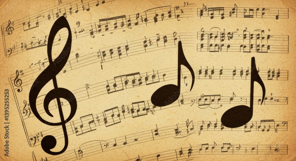 Treble Clef Bass Clef Symbols Overlay Vintage Sheet Music Background ...