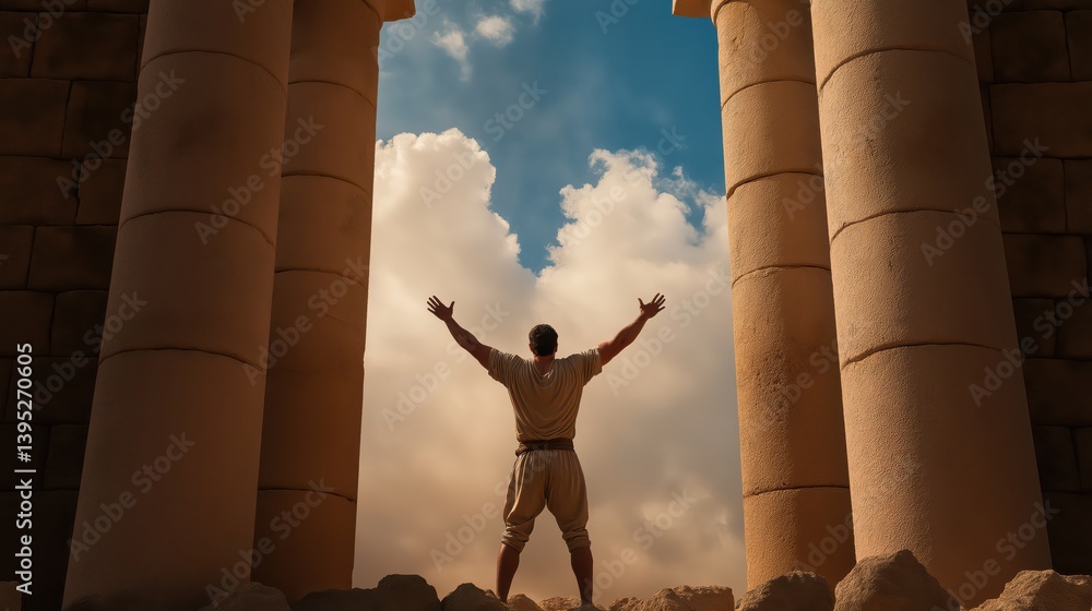 The biblical hero Samson breaks the pillars of the temple while ...