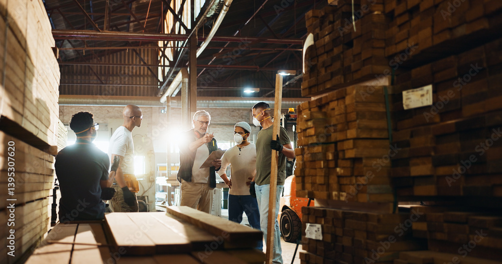 Carpenter, wood and team with people in warehouse for furniture ...
