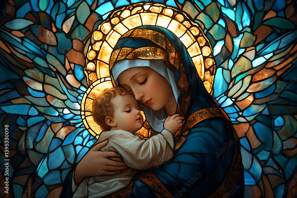 Stained glass art of Virgin Mary with baby Jesus embracing in warm glow ...