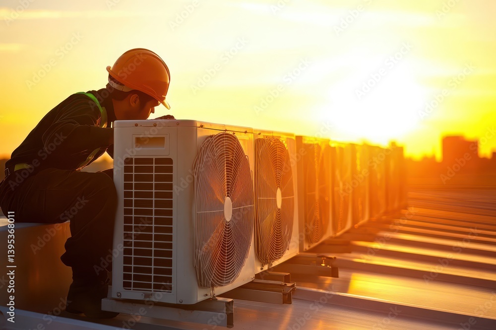 Technician Working on Air Conditioning Unit at Sunset Glow Stock Photo ...