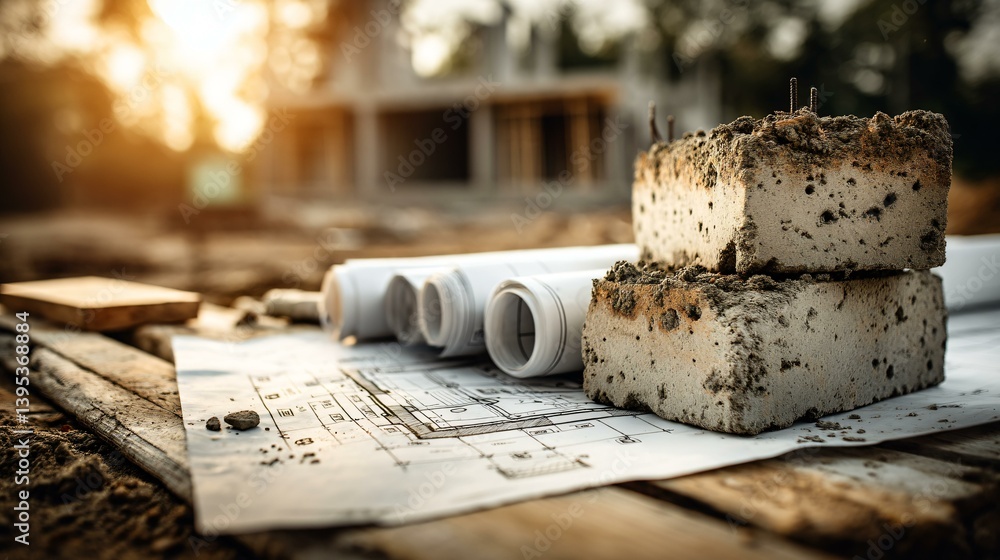 Stack of engineering plans and construction blueprints with concrete ...