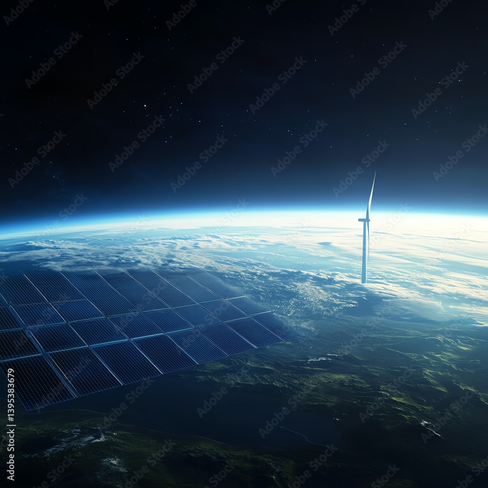 Giant turbine blades orbiting a planet covered with solar panels ...
