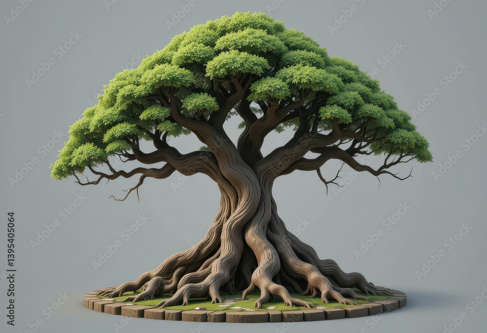 Stock-Illustration „ A Mystical 3D Cartoon Tree with Gnarled Roots ...