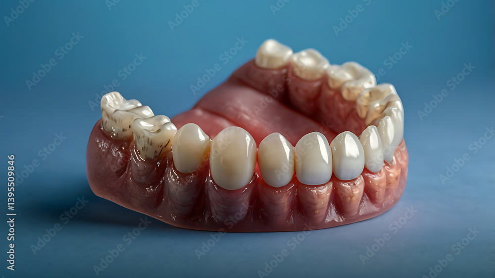 A realistic dental prosthetic, specifically a full lower denture, set ...