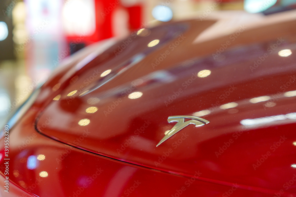 Penang, Malaysia – Mar 26, 2025: Close-up of the iconic Tesla logo on ...