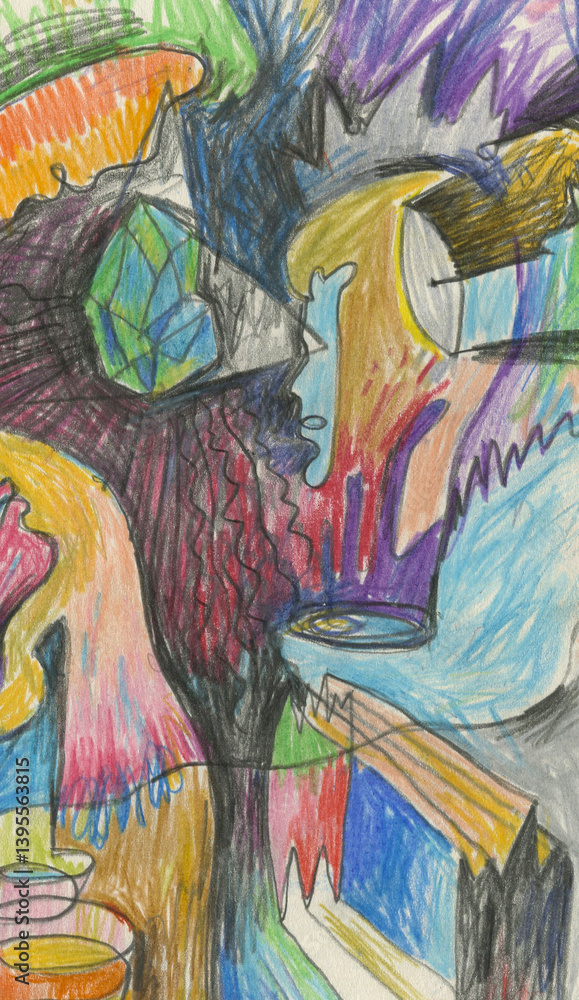 Surreal colorful abstract drawing with human profile and crystal ...