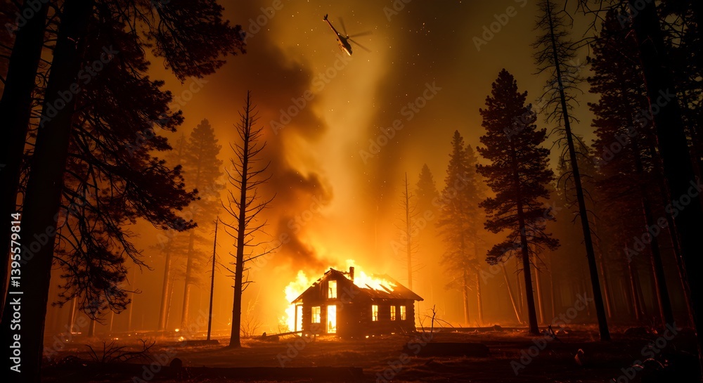 Forest Fire Engulfs House in Nighttime Inferno Dramatic Image of ...