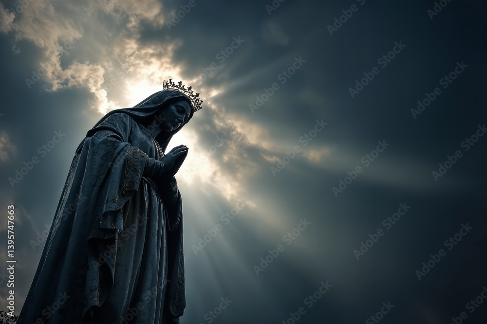 Estatua de la Virgen María con corona, iluminada por rayos de luz a ...