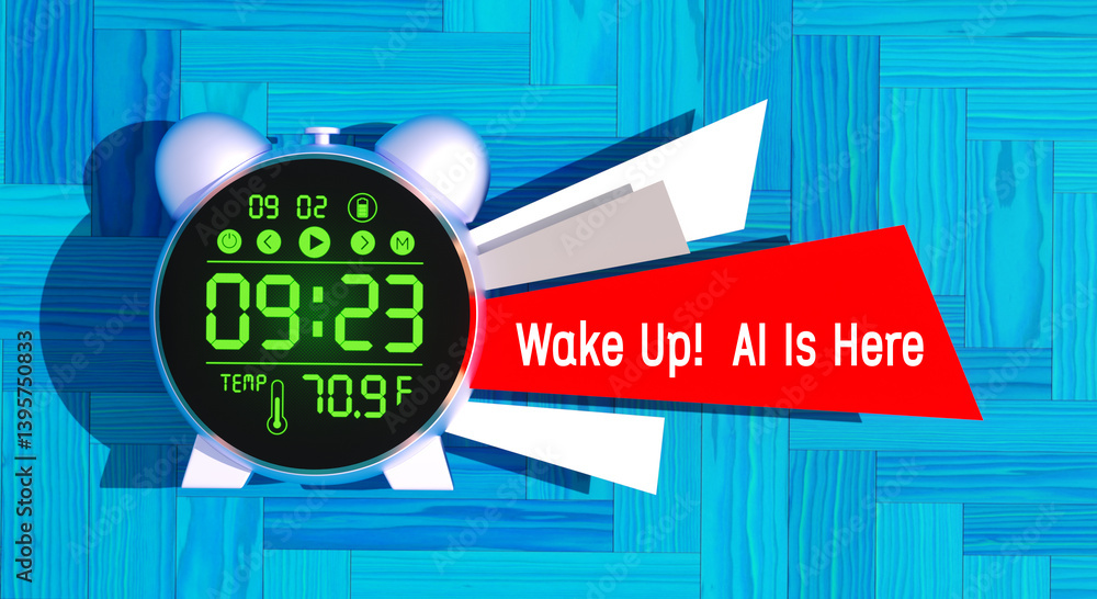 Wake Up, AI Is Here text message. Digital clock and word space. Blue ...