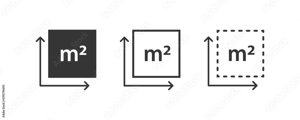 Square meter icons with solid, outline, and dashed styles, featuring m² ...