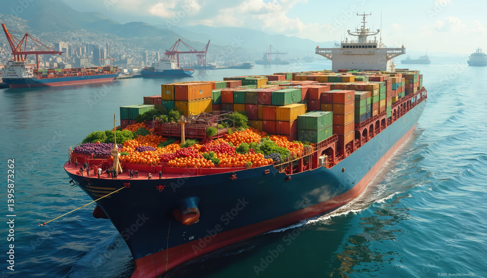 Illustration Stock Cargo ship loaded containers fresh produce, global ...
