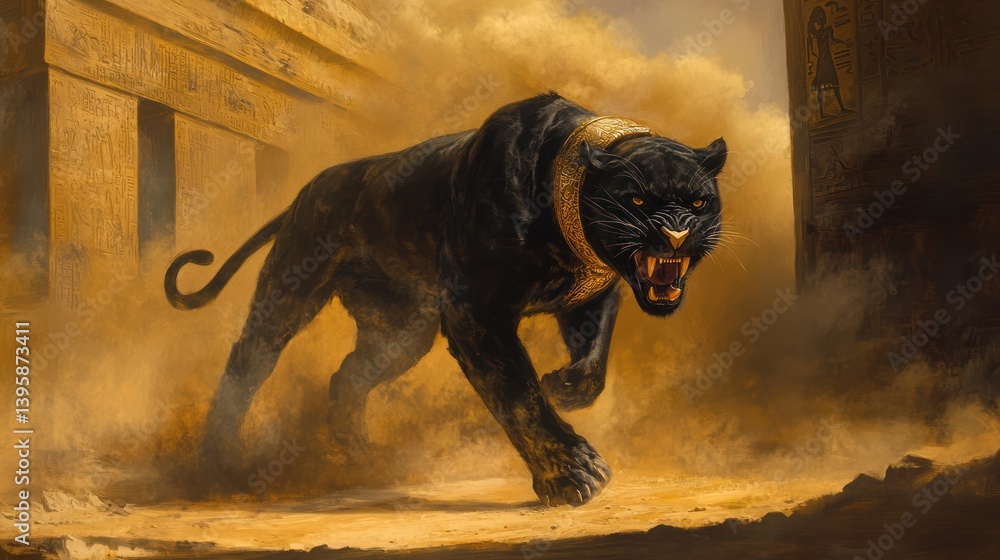 Desert temple panther charging, dust storm, ancient Egypt, mythical ...