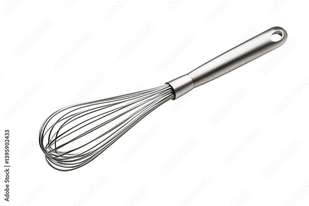 Hyper-realistic image of a metal whisk on a white background, isolated ...