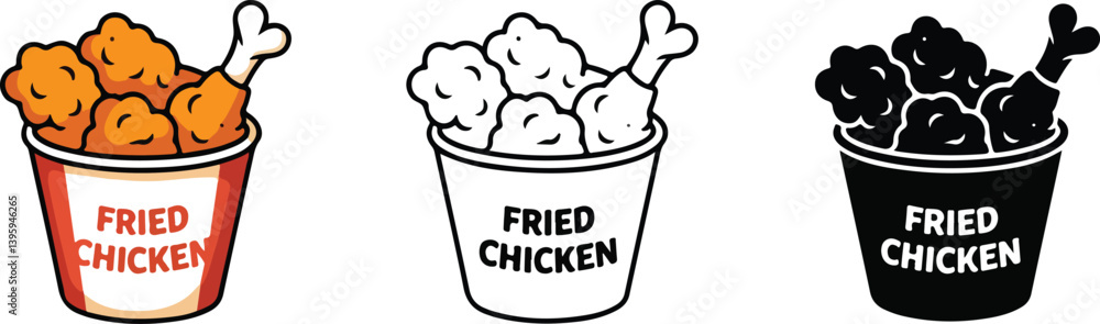 Fried Chicken Bucket Vector Set in Color, Outline, and Silhouette ...