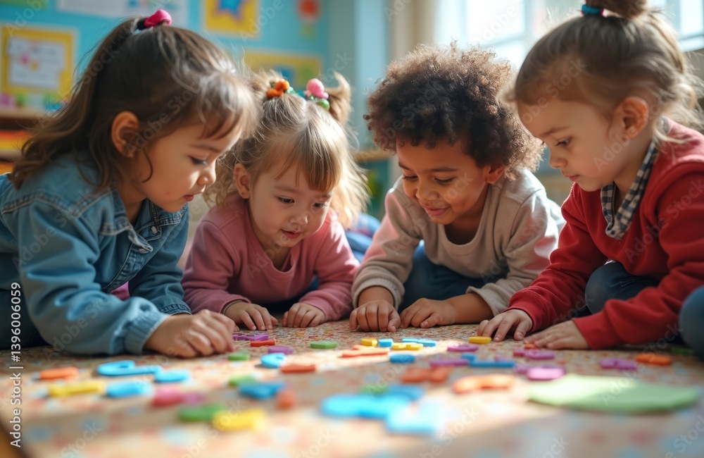 Group preschool kids play alphabet game together on floor. Diverse ...