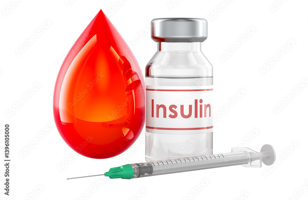 Insulin Vial with Syringe and Blood Drop, 3D rendering isolated on ...