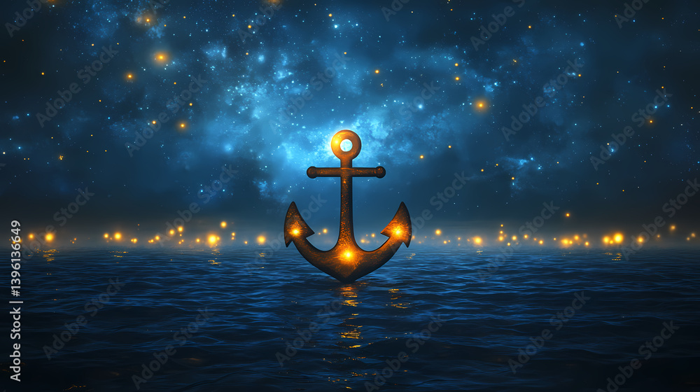 Illuminated anchor, a symbol of hope floating in a starlit ocean ...