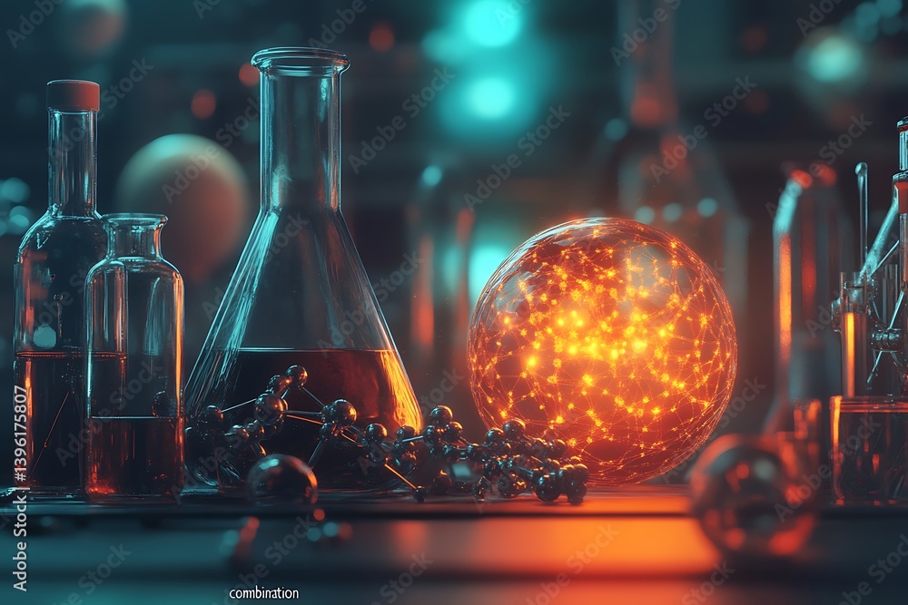 Science lab equipment background with beakers and glowing sphere stock ...