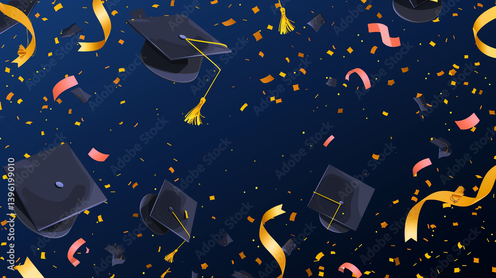 Banner with graduation cap or toga hat and golden foil confetti ...